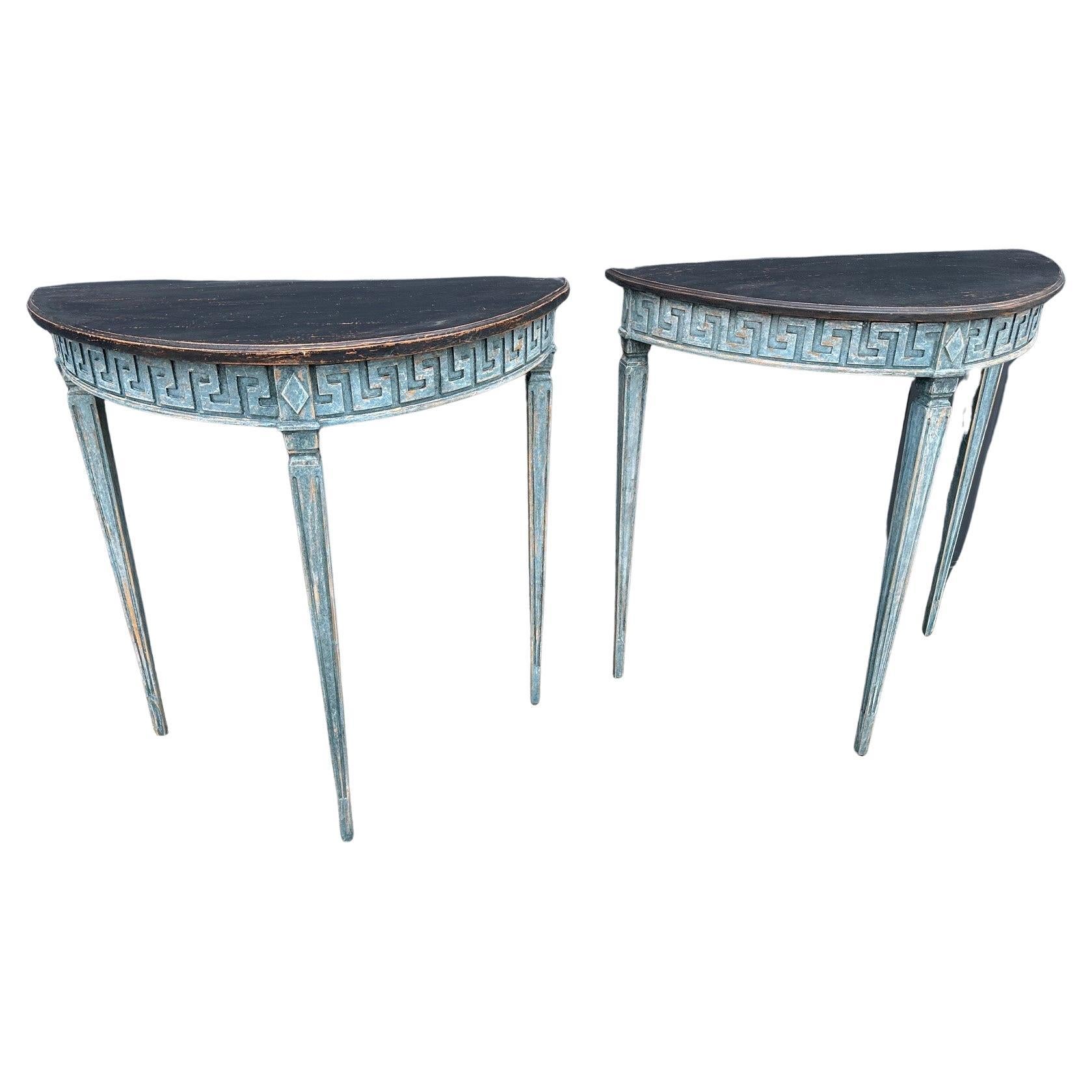 Pair of Gustavian Style Demi-Lune tables in Blue and Black For Sale at ...
