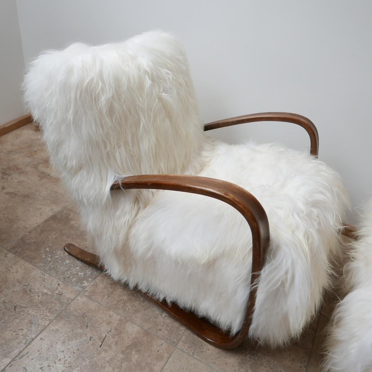 Pair of Halabala H-269 Midcentury Sheepskin Armchairs For Sale at 1stDibs