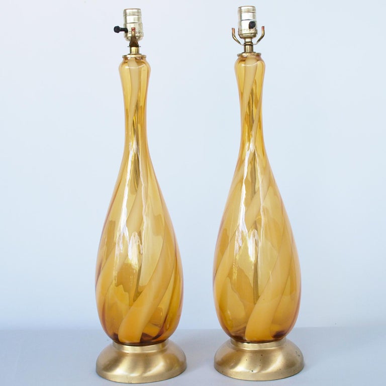 Pair of Hand-Blown Empoli Glass Bottle-Form Table Lamps For Sale at 1stDibs