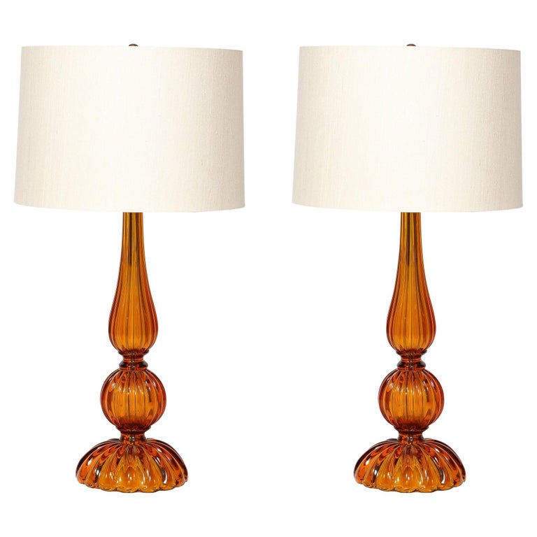 Pair of Hand-Blown Murano Glass Table Lamps in Smoked Amber For Sale at ...