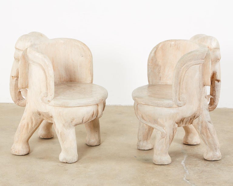 Pair of Hand Carved Bleached Hardwood Elephant Chairs at 1stDibs