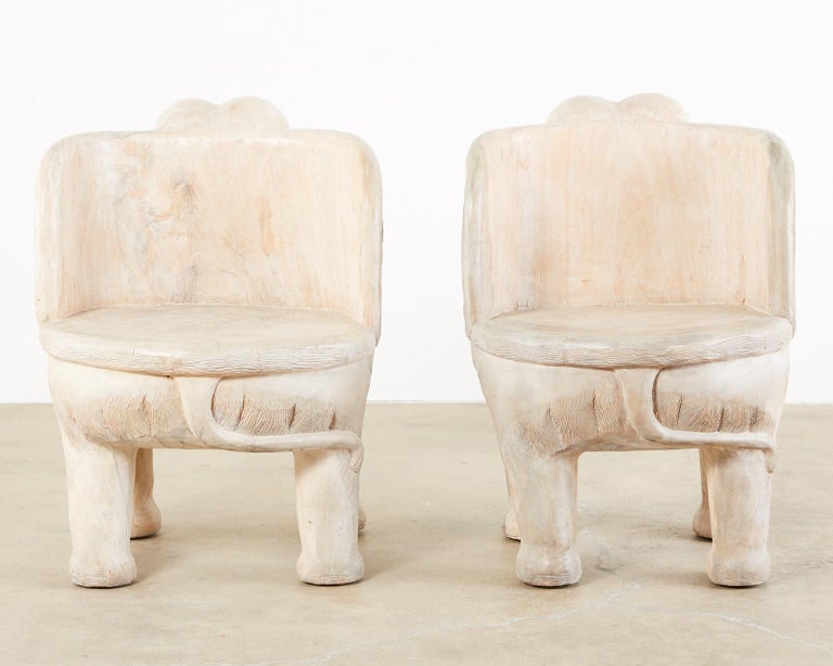 Pair of Hand Carved Bleached Hardwood Elephant Chairs at 1stDibs