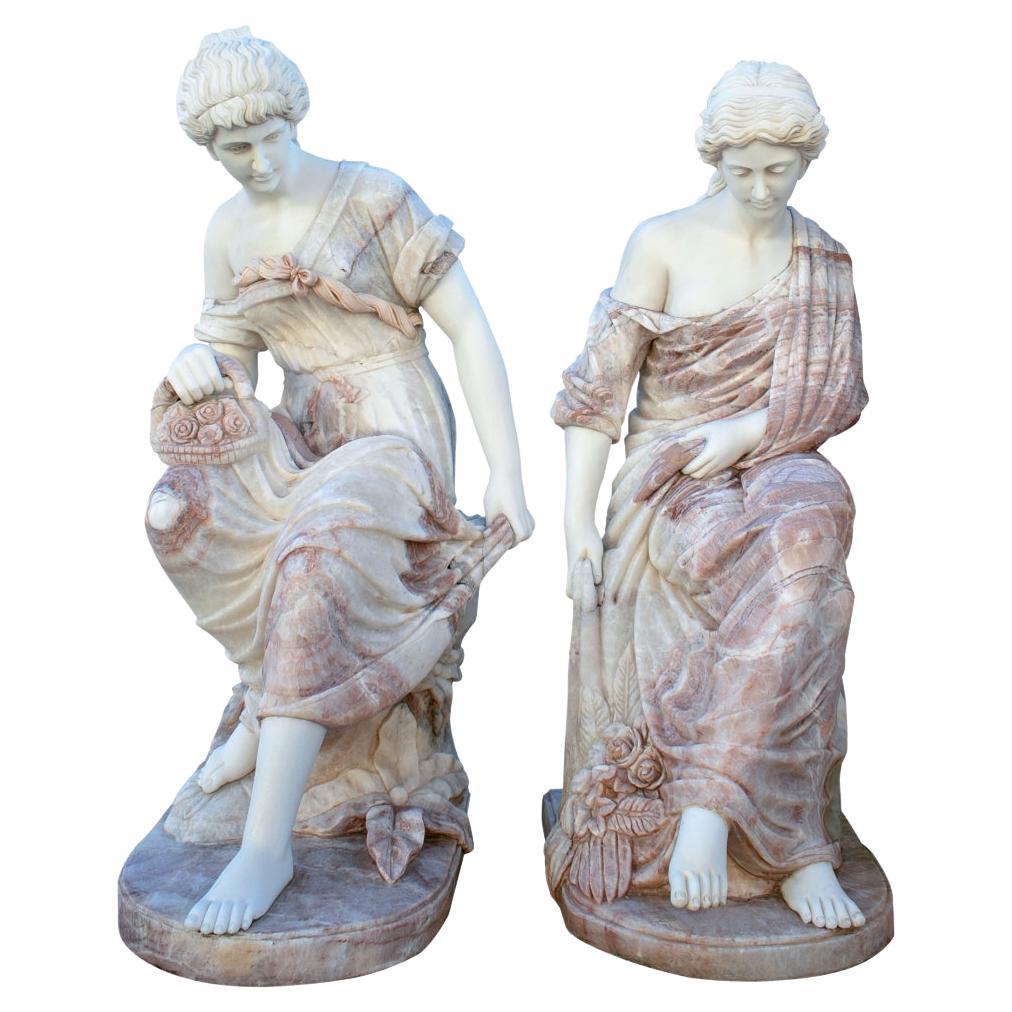 Hand-Carved Carrara Marble Classical Greek Woman Maiden Statues a Pair ...