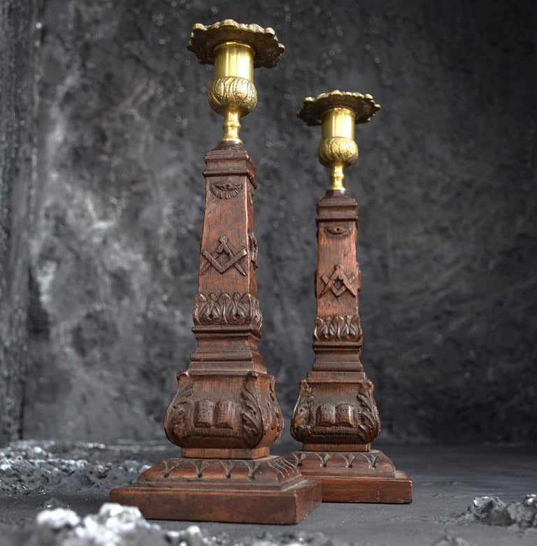 Pair of Hand Carved Oak Folk Art Masonic Candle Sticks, circa 1912 at ...