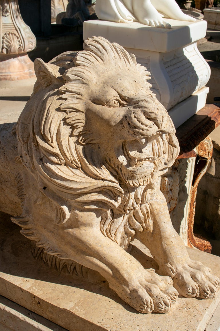 Pair of Hand Carved Travertine Marble Lions with Bases at 1stDibs
