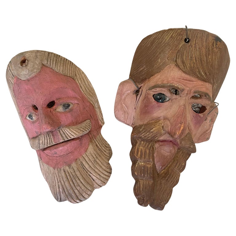 Pair of Hand Carved Wooden Folk Art Masks For Sale at 1stDibs