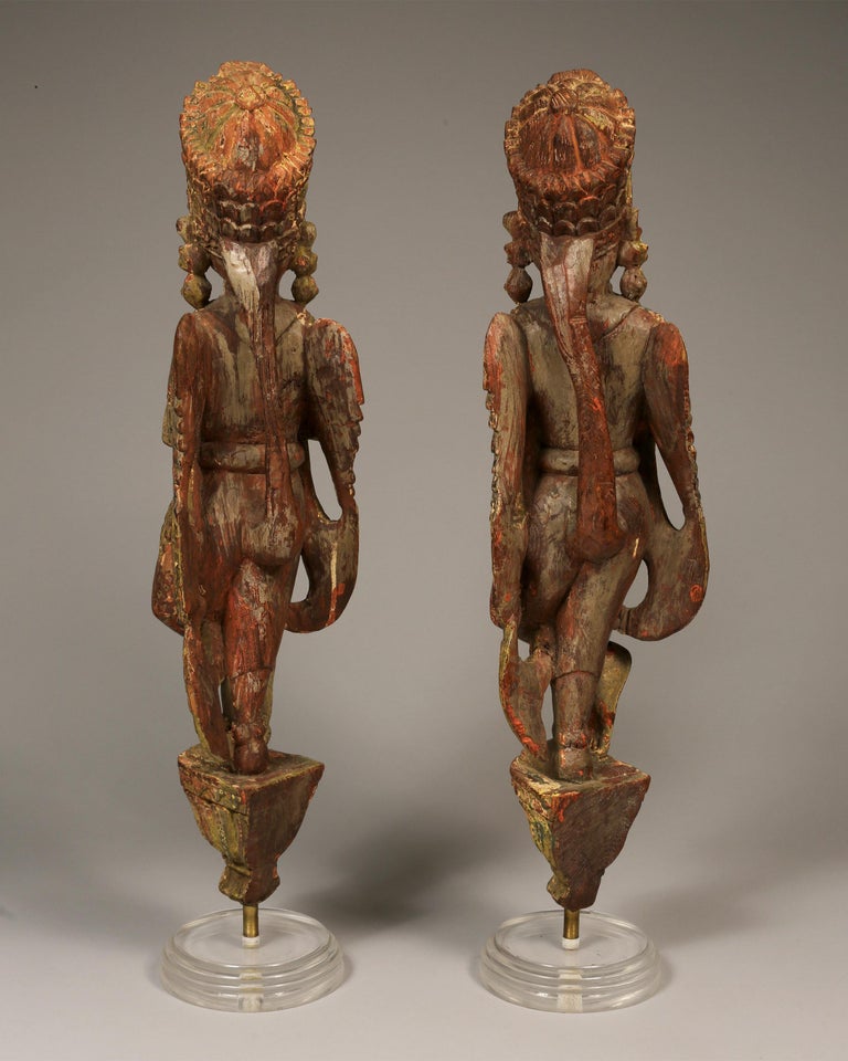 Pair of Hand-Carved Wooden Gujarati Chariot Angels from 18th/19th ...
