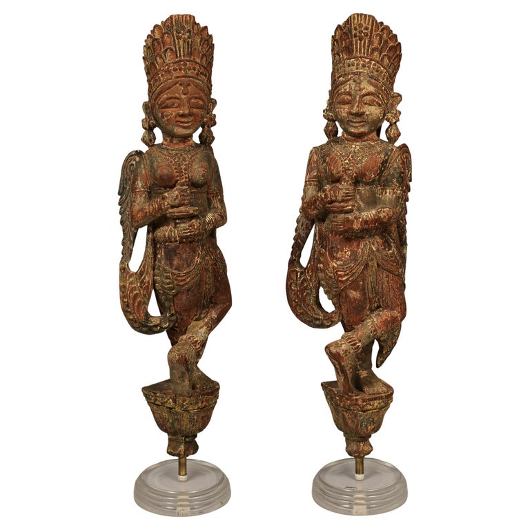 Pair of Hand-Carved Wooden Gujarati Chariot Angels from 18th/19th ...