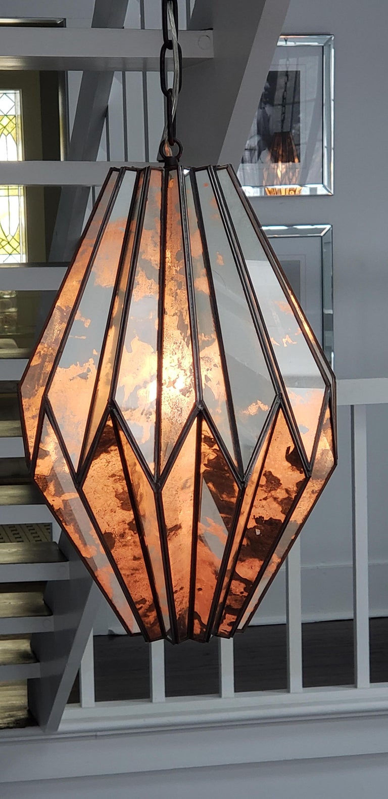 Pair of Handmade Antiqued Mirror Pendant Lights For Sale at 1stDibs