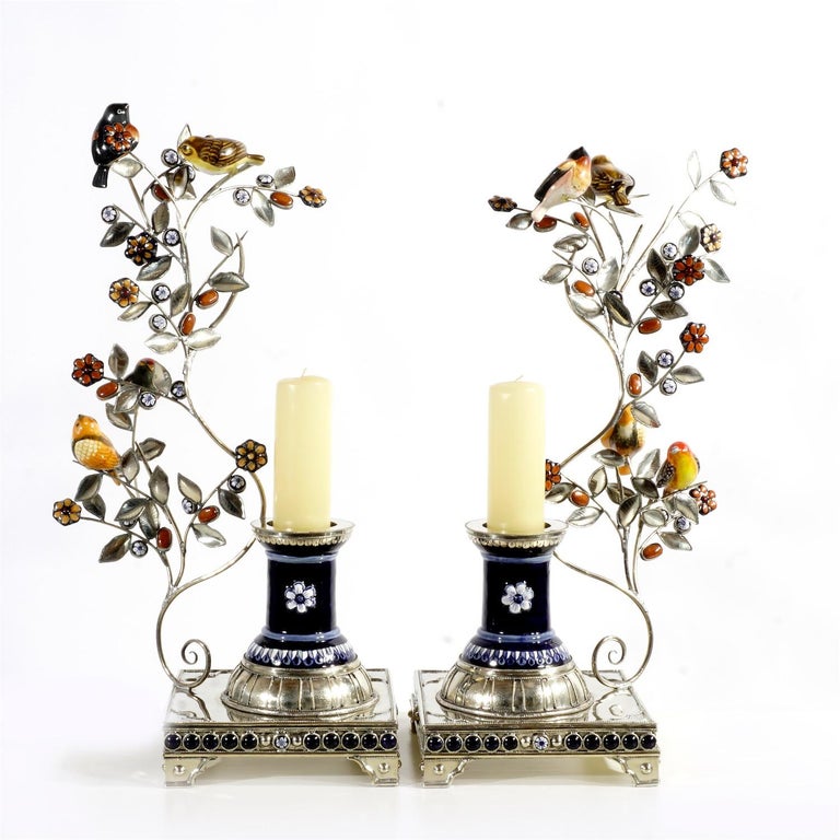 Pair of Handmade Candlesticks and Ceramica Birds and Flowers For Sale ...