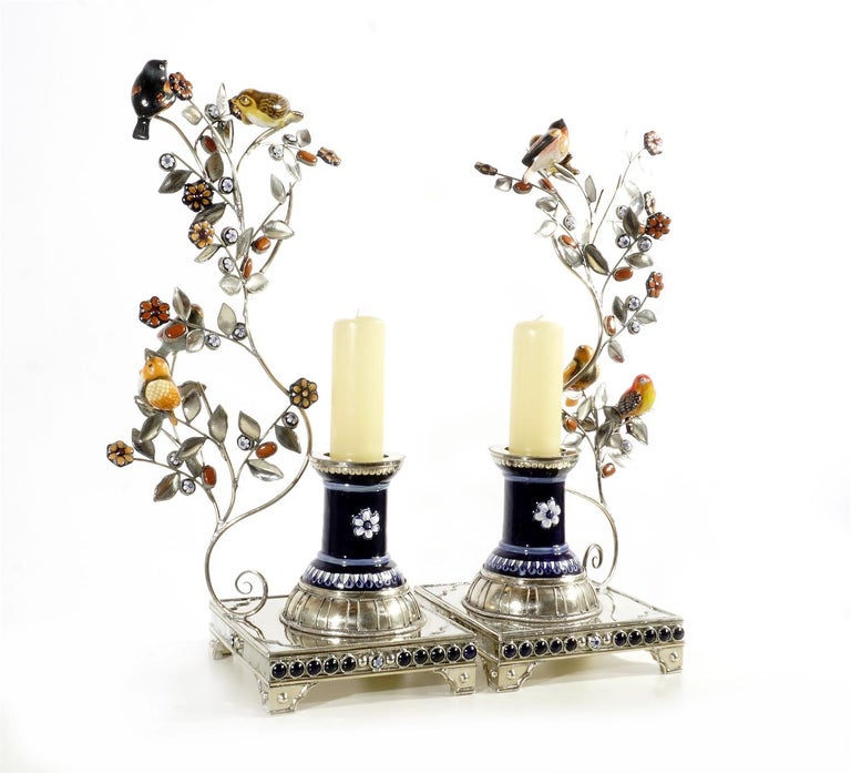 Pair of Handmade Candlesticks and Ceramica Birds and Flowers For Sale ...