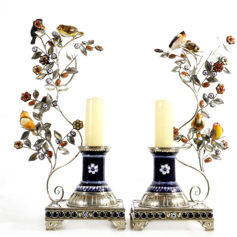 Pair of Handmade Candlesticks and Ceramica Birds and Flowers For Sale ...