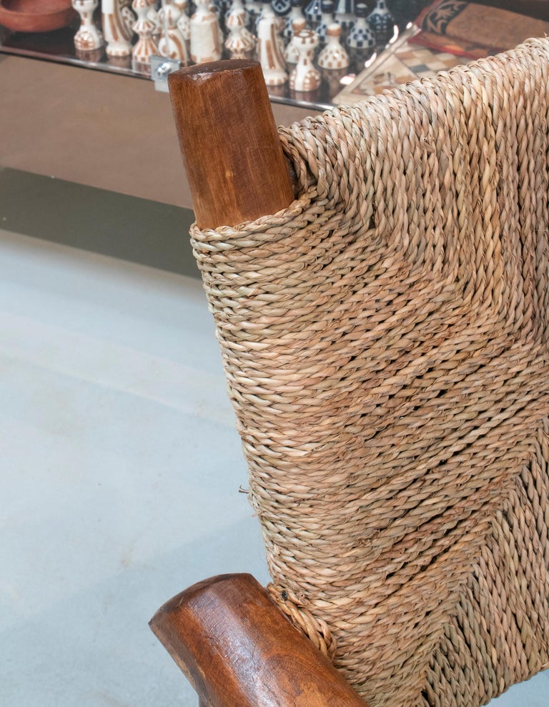 Pair of Handmade Light Brown Wooden Armchairs with String Rope Back and ...