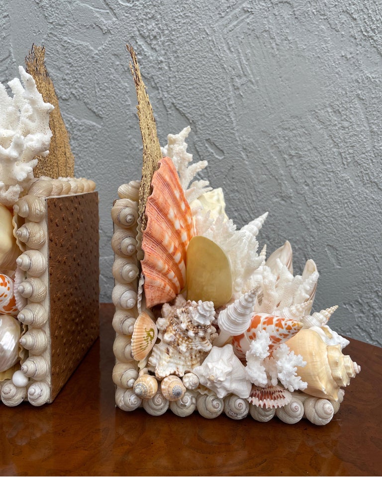 Pair of Hand Made Shell and Coral Bookends For Sale at 1stDibs