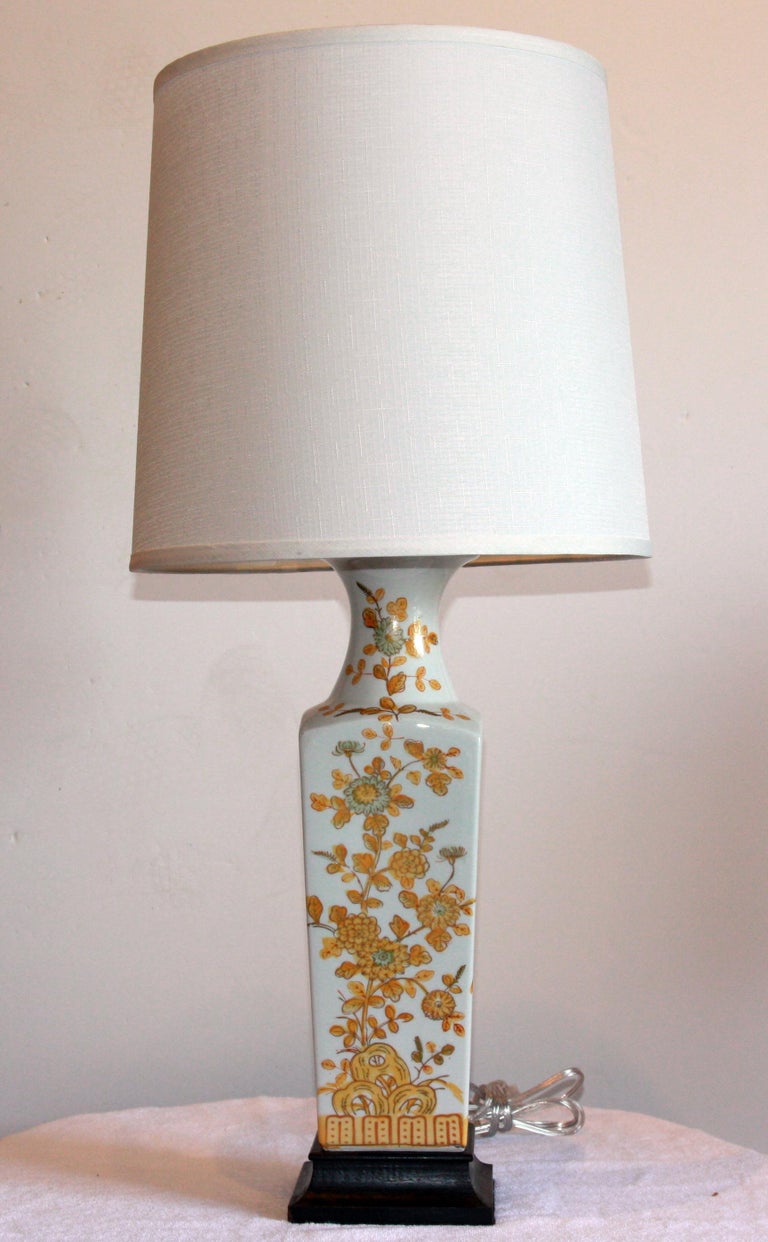 Pair of Hand-Painted Porcelain Lamps with Yellow Flowers at 1stDibs