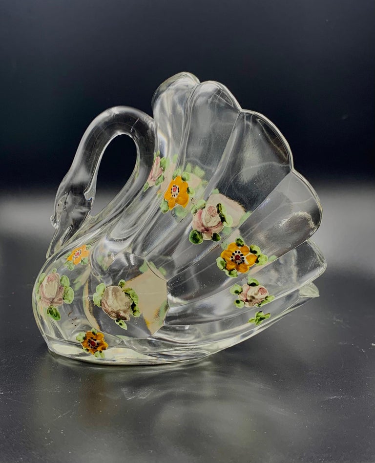 Pair of Hand Painted Swan Depression Glass Vases Planters Bread Serving ...