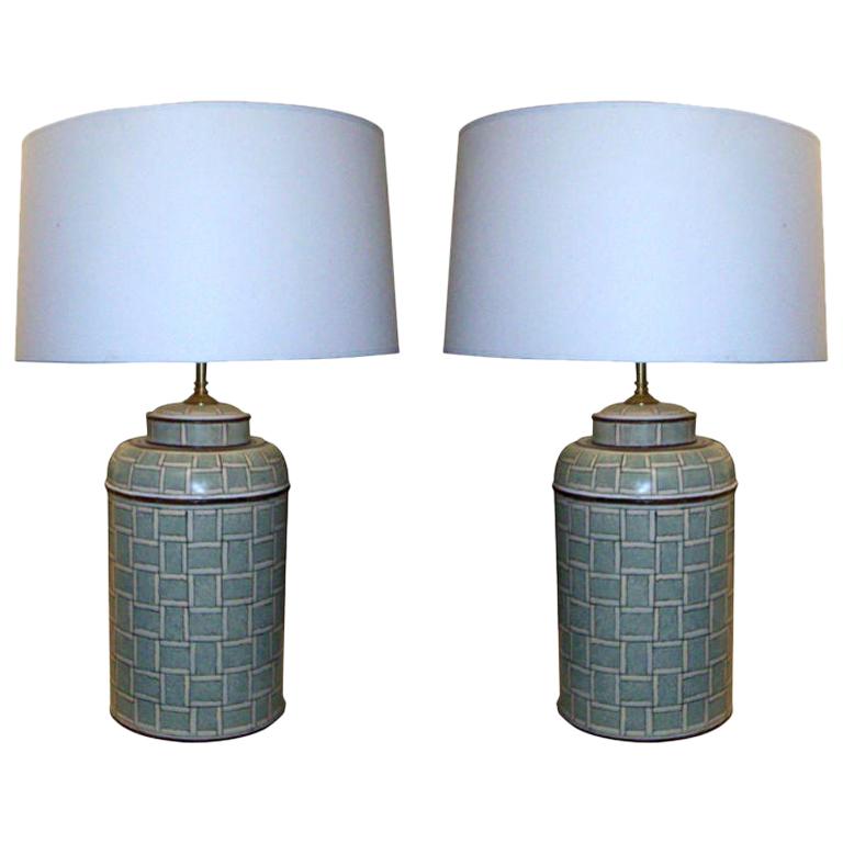 Pair of Custom Hand Painted Tole Canister Table Lamps For Sale at 1stDibs