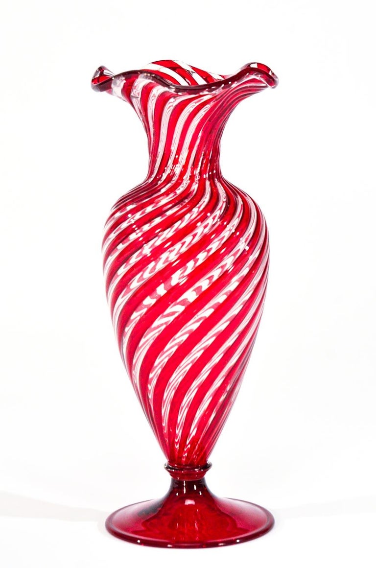 Pair of Handblown Venetian Red and Clear Optic Swirl Vases Attributed ...