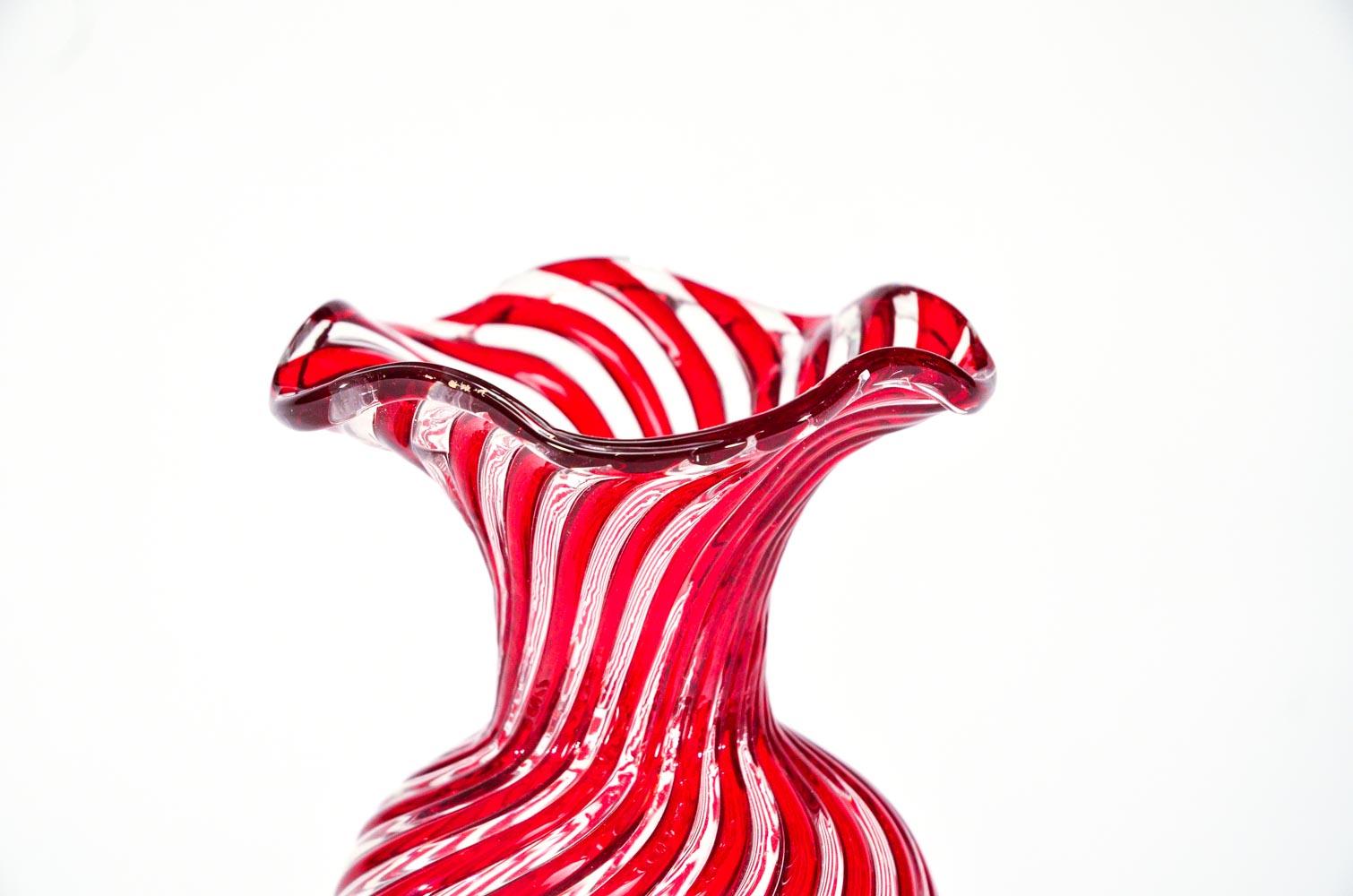 Pair of Handblown Venetian Red and Clear Optic Swirl Vases Attributed ...
