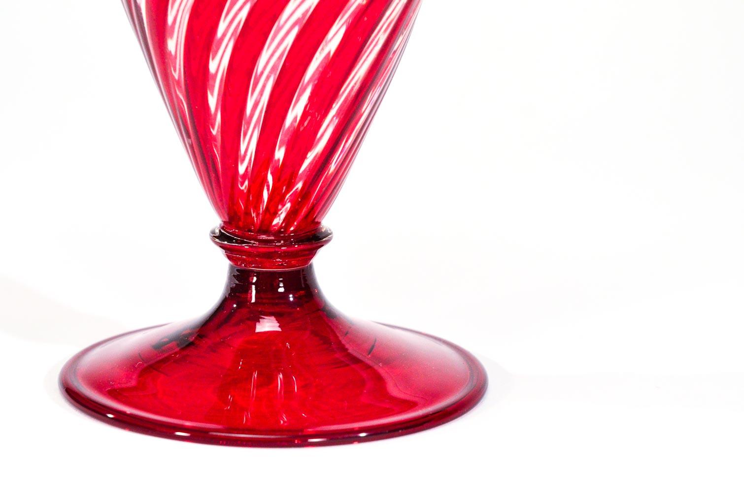 Pair of Handblown Venetian Red and Clear Optic Swirl Vases Attributed ...