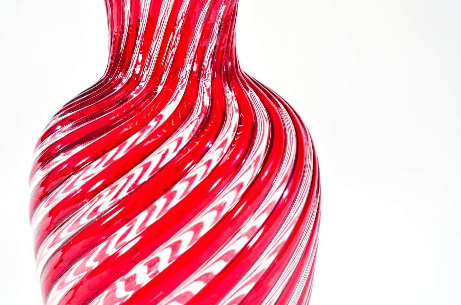 Pair of Handblown Venetian Red and Clear Optic Swirl Vases Attributed ...