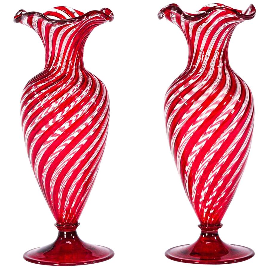 Pair of Handblown Venetian Red and Clear Optic Swirl Vases Attributed ...