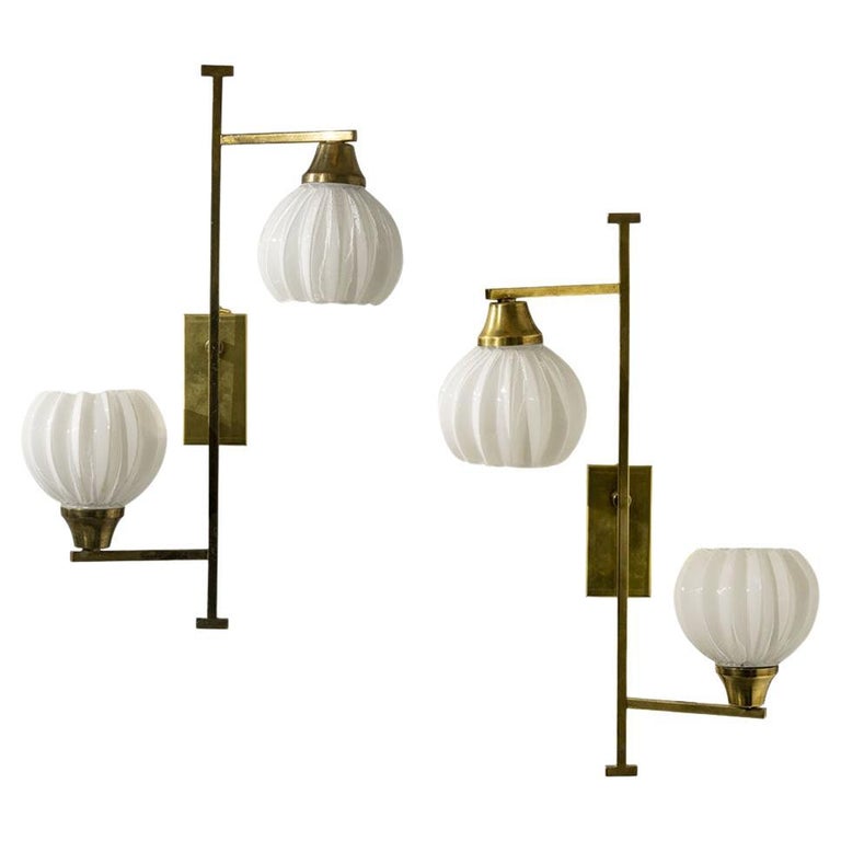 Pair of Handcrfted Mid Century Brass and White Glass Sconces, Italy ...