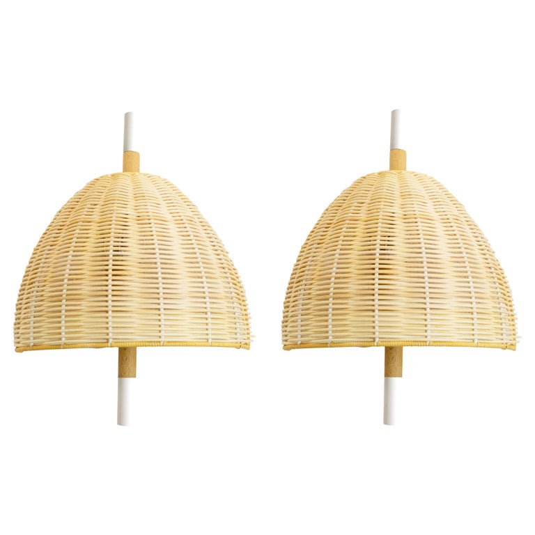 Paire de lampes murales faites la main, rotin naturel, objets blancs ...