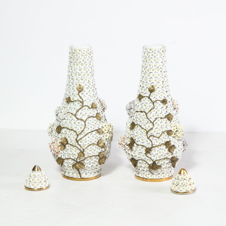 Pair of Handpainted Lidded Snowballen Vases with Gilt accents and ...