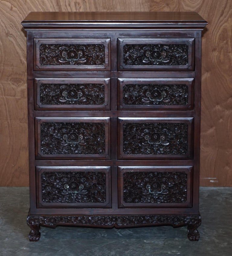 PAIR OF HEAVILY CARVED VINTAGE INDIAN HARDWOOD CHESTS OF DRAWERS PART ...