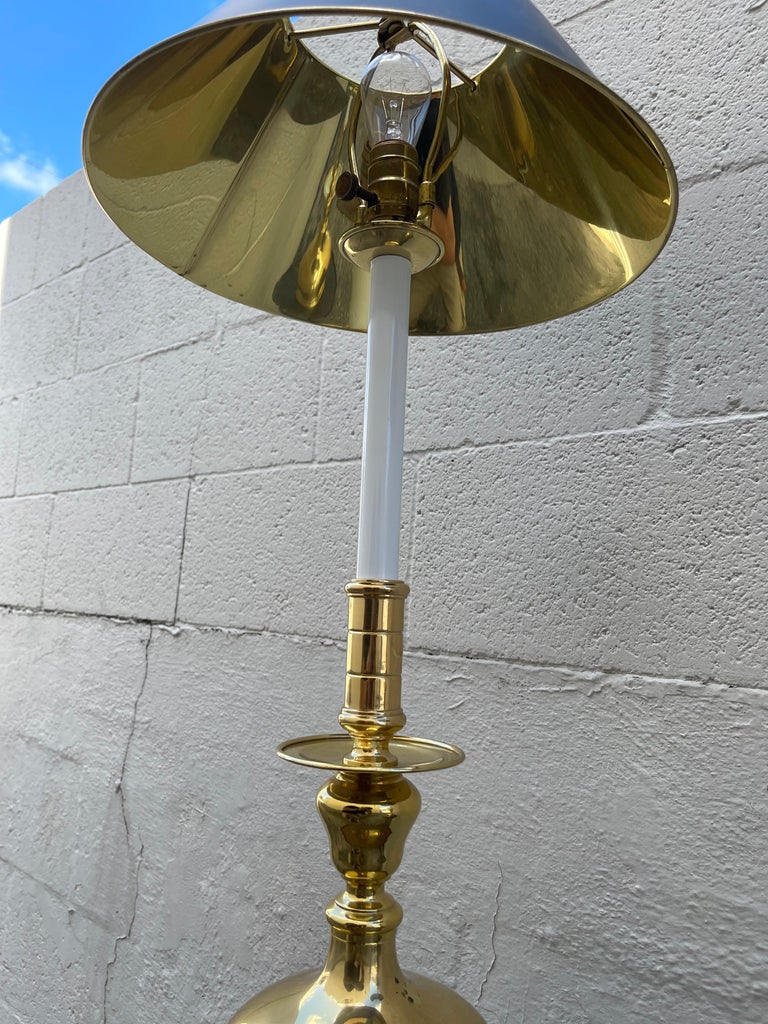 Pair of Heavy Brass Candlestick Lamps with Black Tole Shades For Sale ...