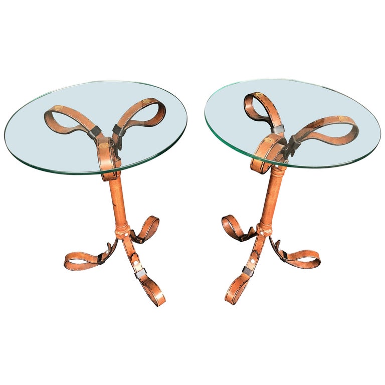 Pair of Hermes Style Faux Leather Strap Side Tables at 1stDibs