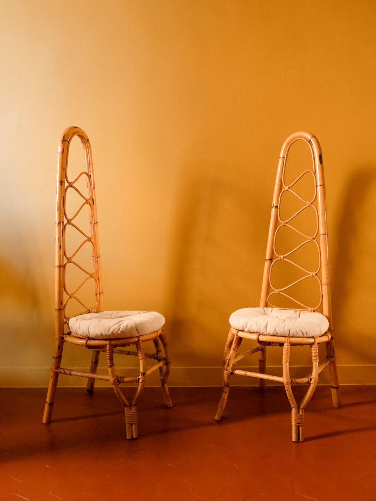 Pair of High Back Rattan Chairs in the style of Bonacina, Italy, circa ...