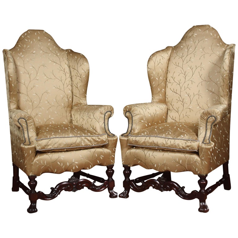 Pair of High Back Wing Armchairs at 1stDibs