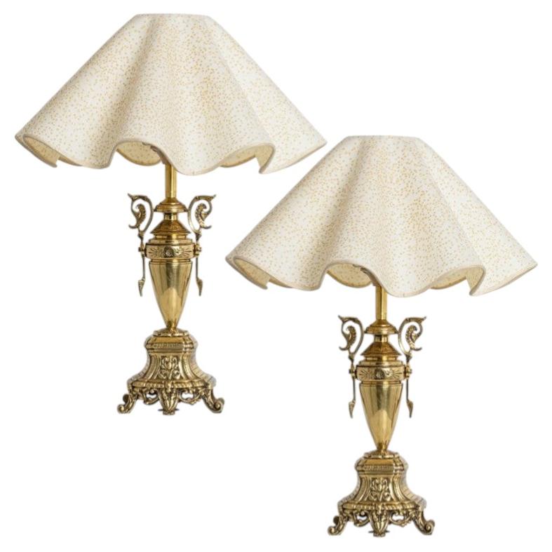 Pair of Highly Detailed Table Lamps with Brass Base and Wavy Ecru ...
