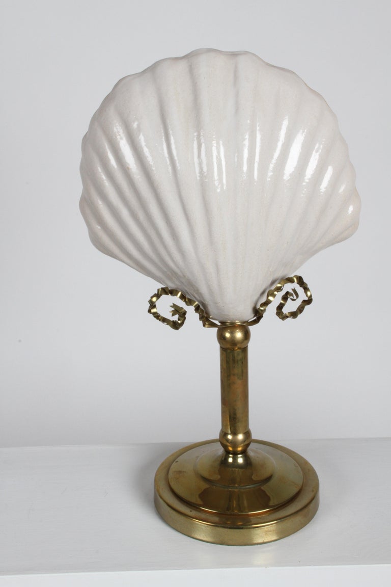 Pair of Hollywood Regency 1970s Hart Associates Ceramic Shell and Brass ...