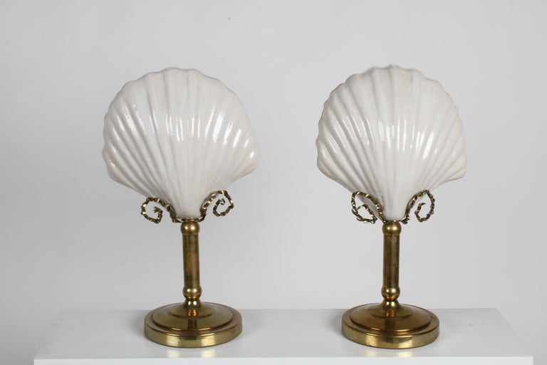 Pair of Hollywood Regency 1970s Hart Associates Ceramic Shell and Brass ...