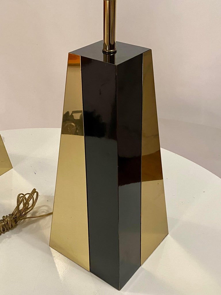 Pair of Hollywood Regency Black and Brass Pyramid Lamps, 1970's For ...