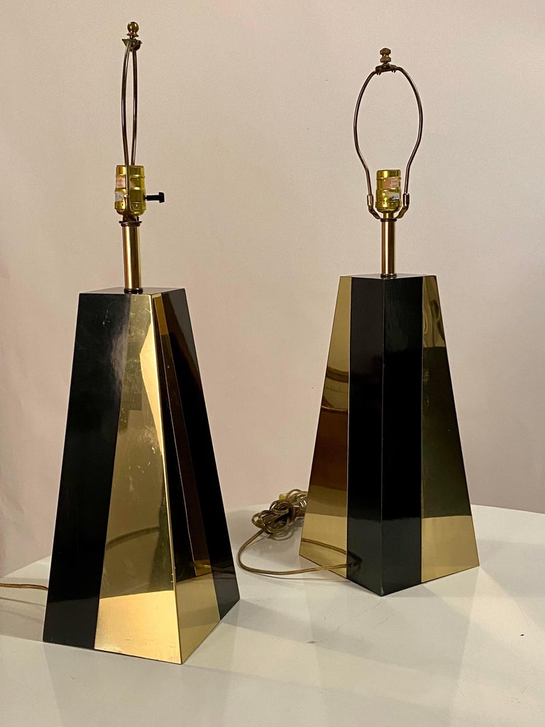 Pair of Hollywood Regency Black and Brass Pyramid Lamps, 1970's For ...