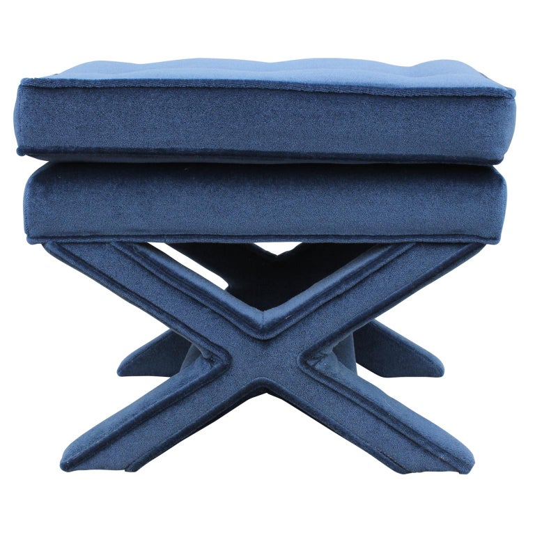 Pair of Hollywood Regency Blue Mohair X Base Ottomans/Stools by Milo ...