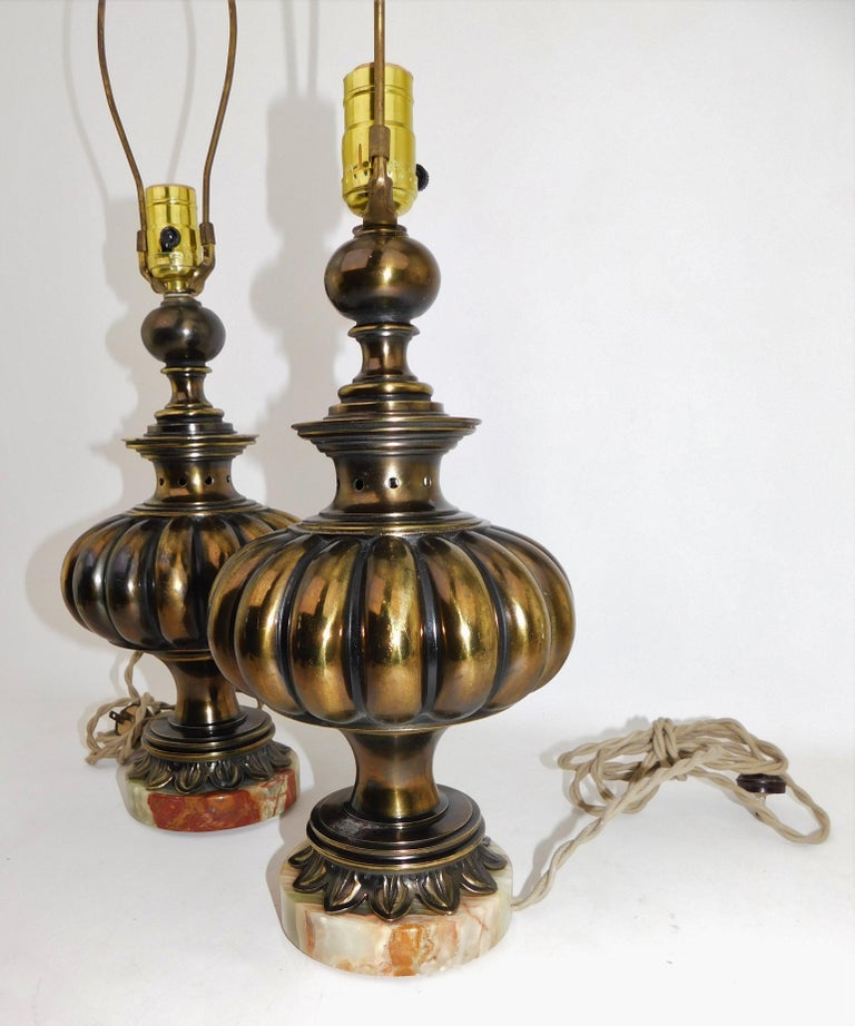 Pair of Hollywood Regency Brushed Bronze Table Lamps with Marble Bases ...