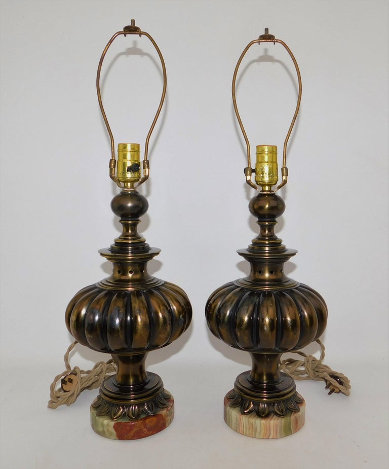 Pair of Hollywood Regency Brushed Bronze Table Lamps with Marble Bases ...