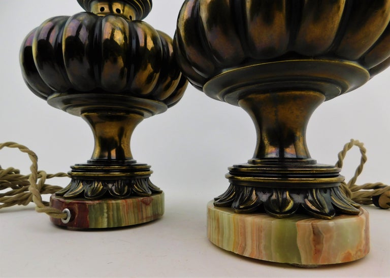 Pair of Hollywood Regency Brushed Bronze Table Lamps with Marble Bases ...
