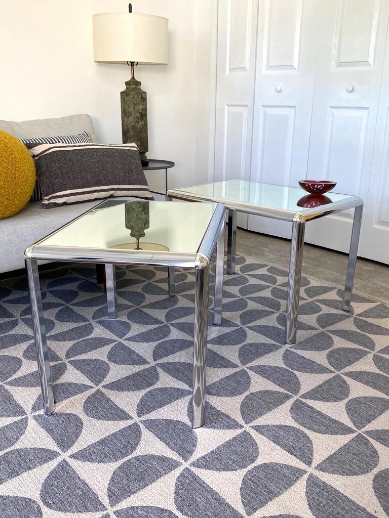 Pair of Hollywood Regency Chrome Side Tables with Mirrored Tops, c ...