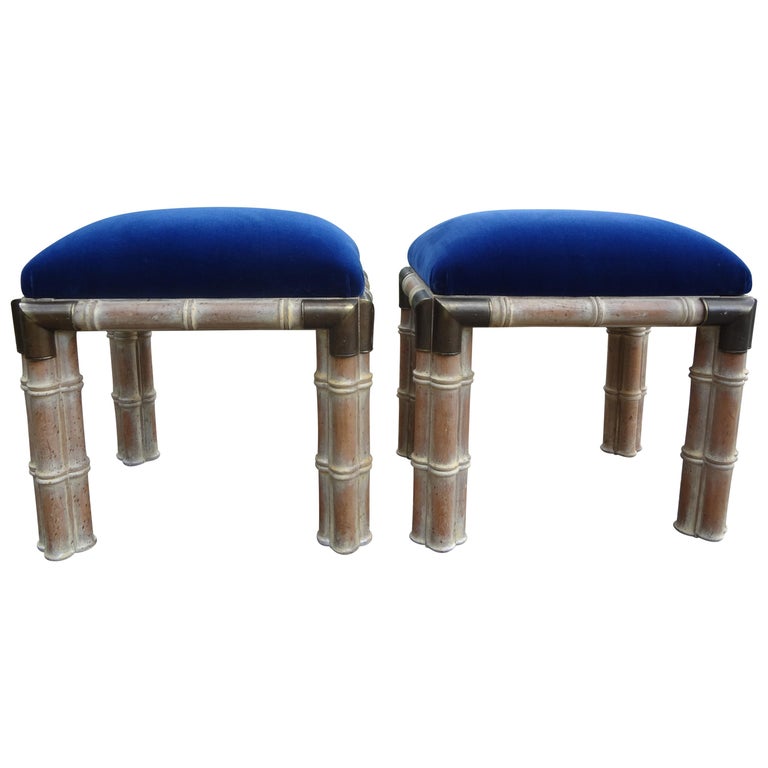 Pair Of Hollywood Regency Faux Bamboo Wood Ottomans at 1stDibs