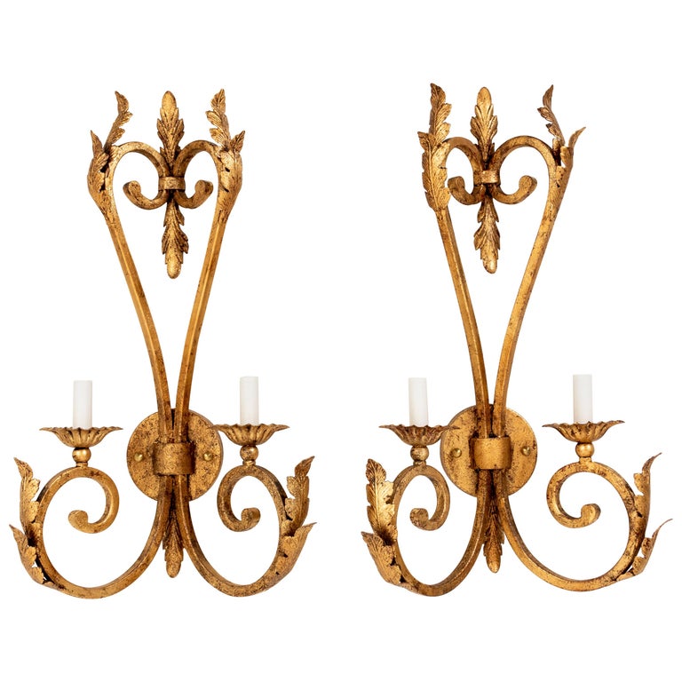 Pair of Hollywood Regency Gilded Iron Sconces For Sale at 1stDibs