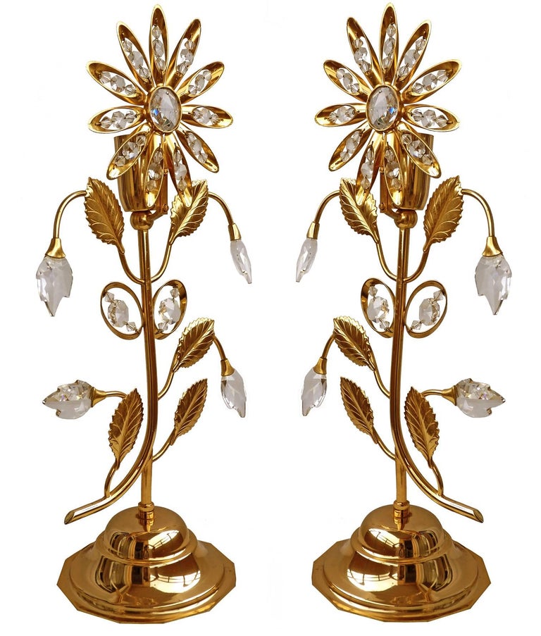 Pair of Hollywood Regency Gilt Brass and Crystal Flowers Table Lamps ...