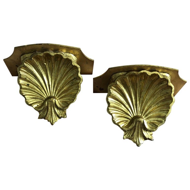 Pair of Hollywood Regency Gold Leaf Regency Shell Wall Shelves For Sale ...