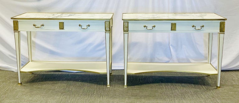Pair of Hollywood Regency Neoclassical White Sofa, Console Tables ...