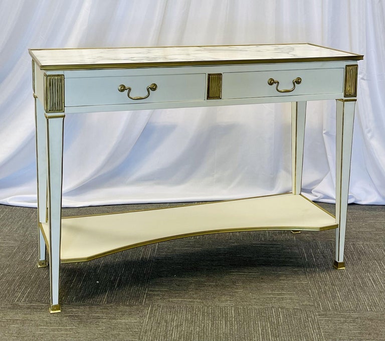 Pair of Hollywood Regency Neoclassical White Sofa, Console Tables ...